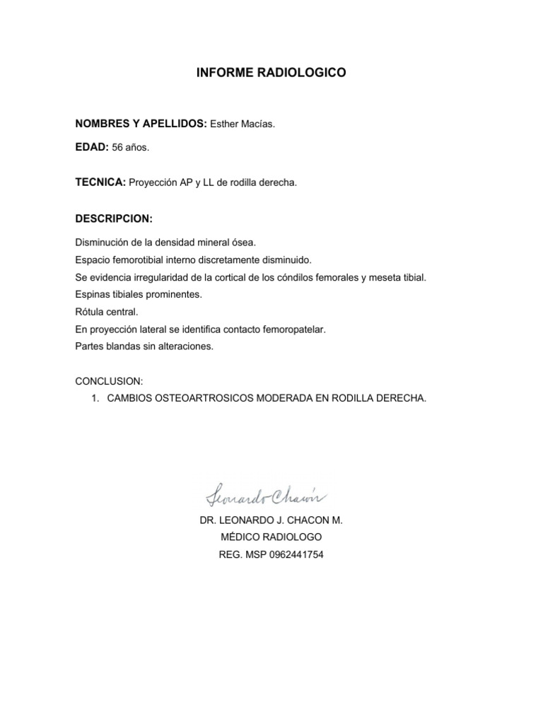 Informe de Osteoartrosis en Rodilla Derecha | PDF | Ciencias sociales
