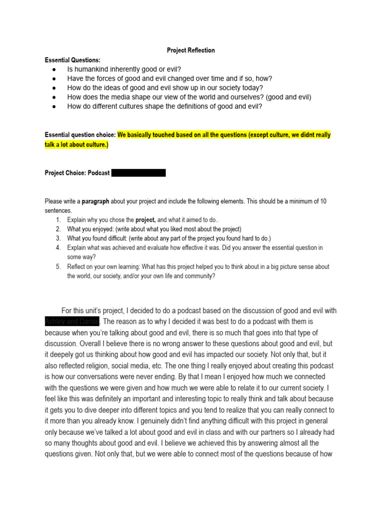 Project Reflection - Student Sample | PDF | Good And Evil | Liberal ...