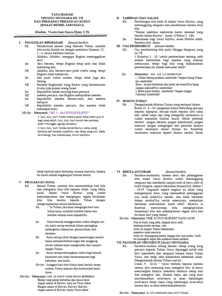 Tata Ibadah Minggu Sengsara Vii Sarumana 2024. | PDF