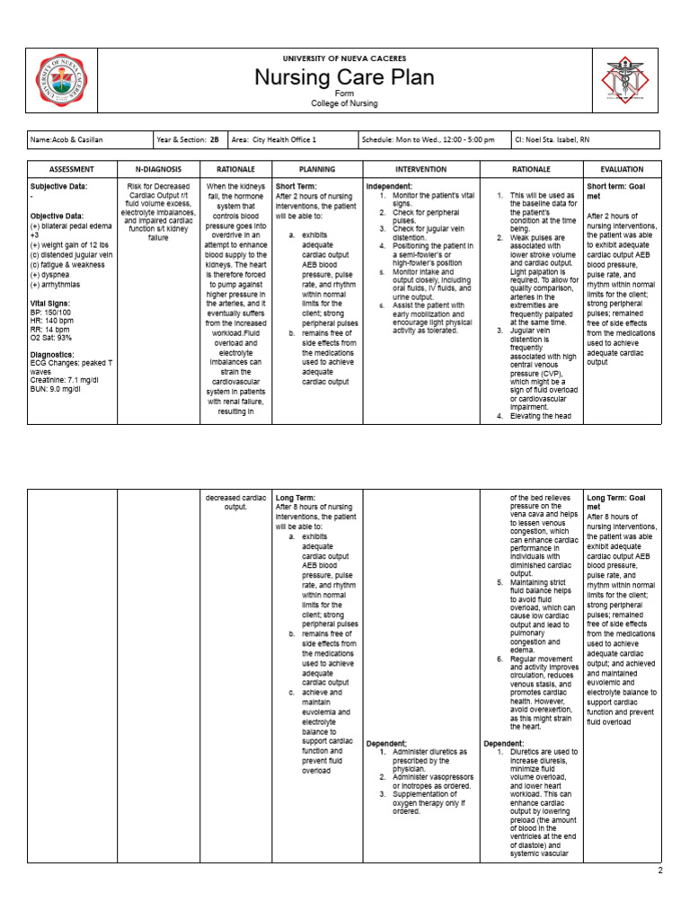 Nursing Care Plan for Cardiac Output Issues | PDF | Heart | Chronic ...