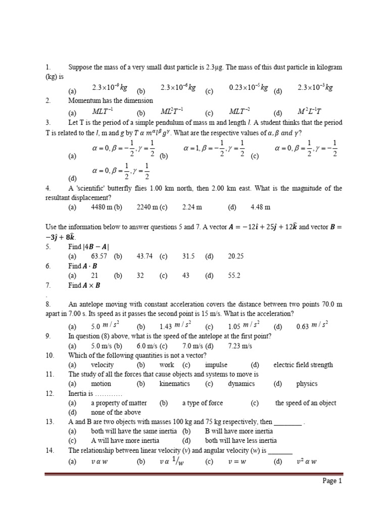 Phy 101 PQ 2-1 | PDF | Force | Acceleration