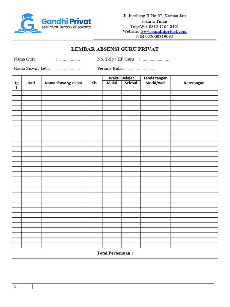 Lembar Absensi Les Privat Guru | PDF