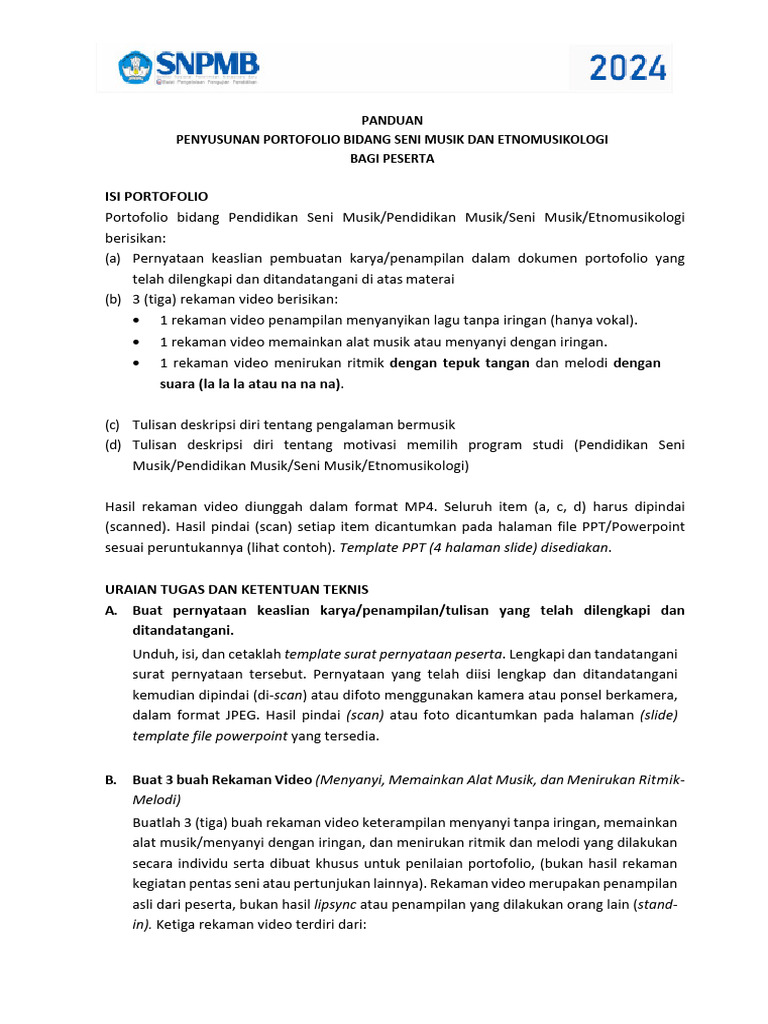 00 Panduan Porto Musik Dan Etno SNPMB 2024 | PDF