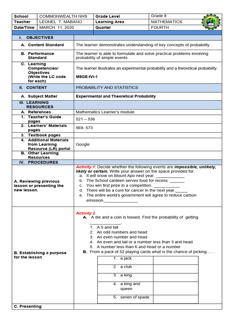4Q. Experimental Theoritical Prob. | PDF | Probability | Learning