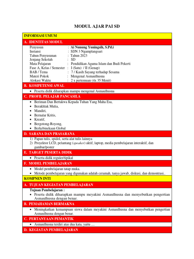 Modul Ajar Pai SD Kelas 1 Bab 7 Semester 2 | PDF