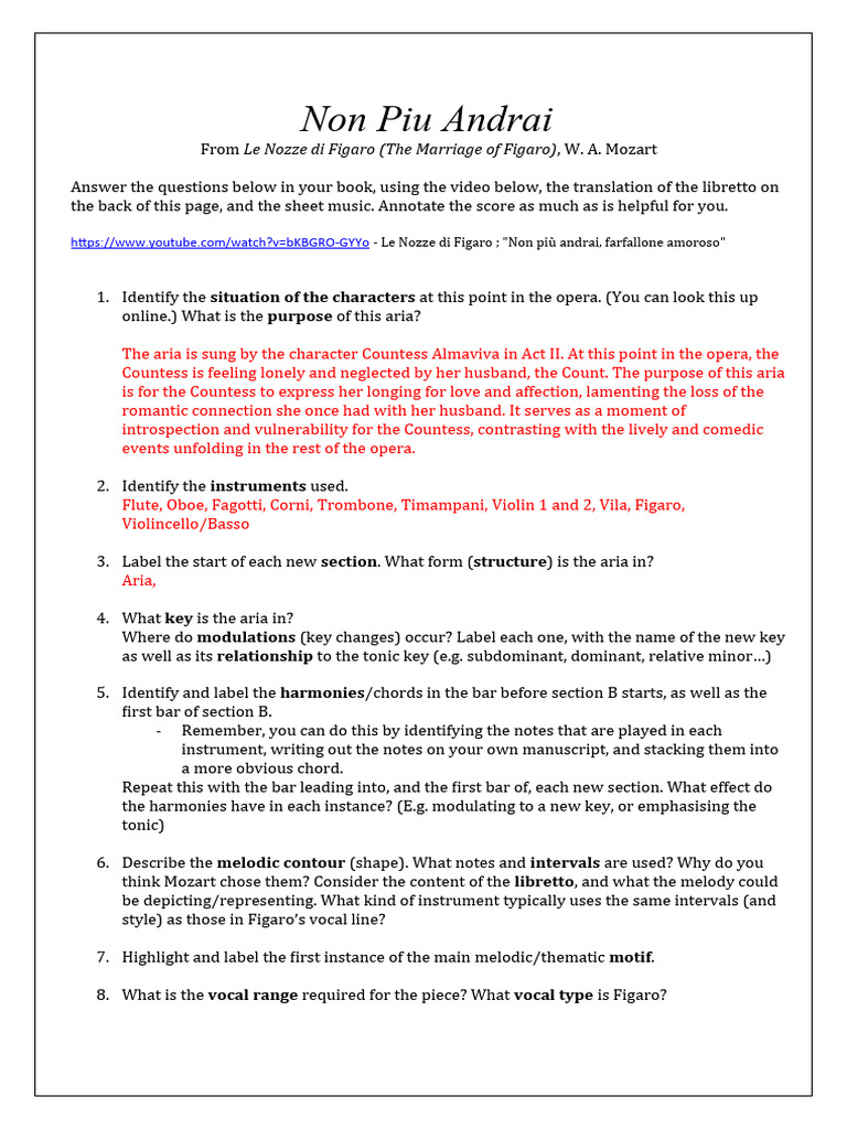 Updated Analysis Questions For 'Non Piu Andrai' | PDF | The Marriage Of ...