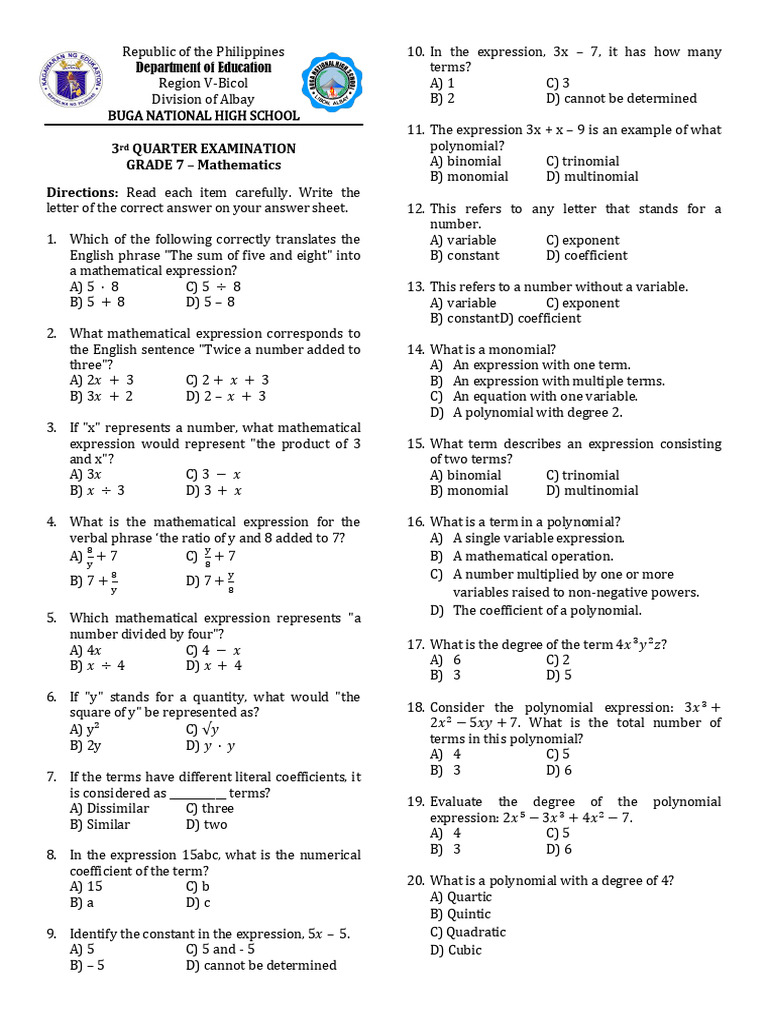 3RD Quarter Exam 2024 | PDF | Polynomial | Variable (Mathematics)