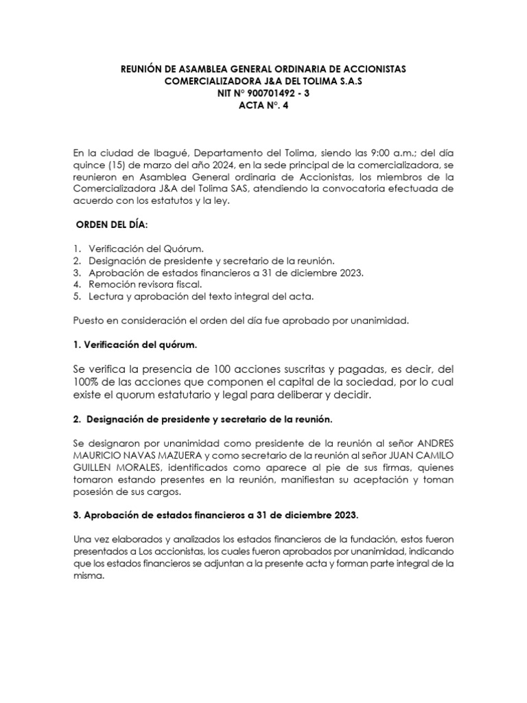 Acta 04 Comercializadora 2024 | PDF | Gobierno
