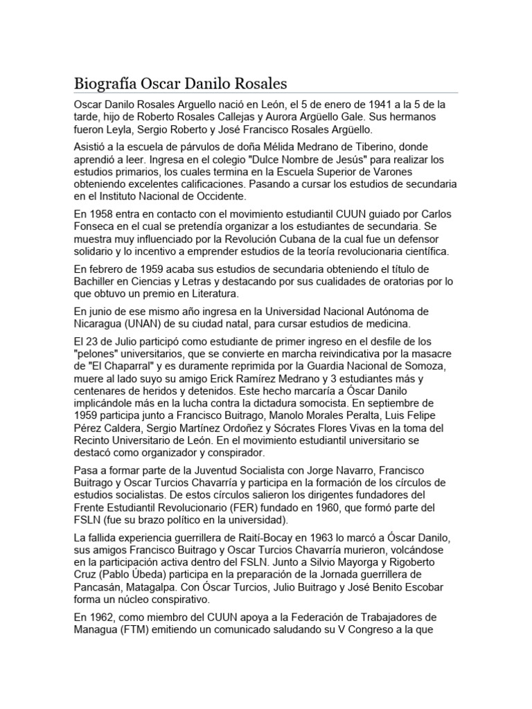 Biografía Oscar Danilo Rosales-1 | PDF | Frente Sandinista de Liberación Nacional