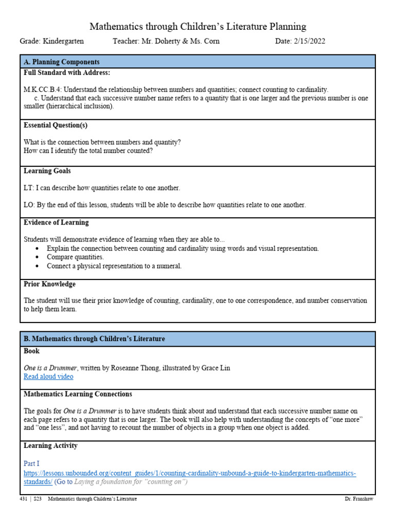 Mathematics Through Childrens Literature Lesson Plan | PDF ...