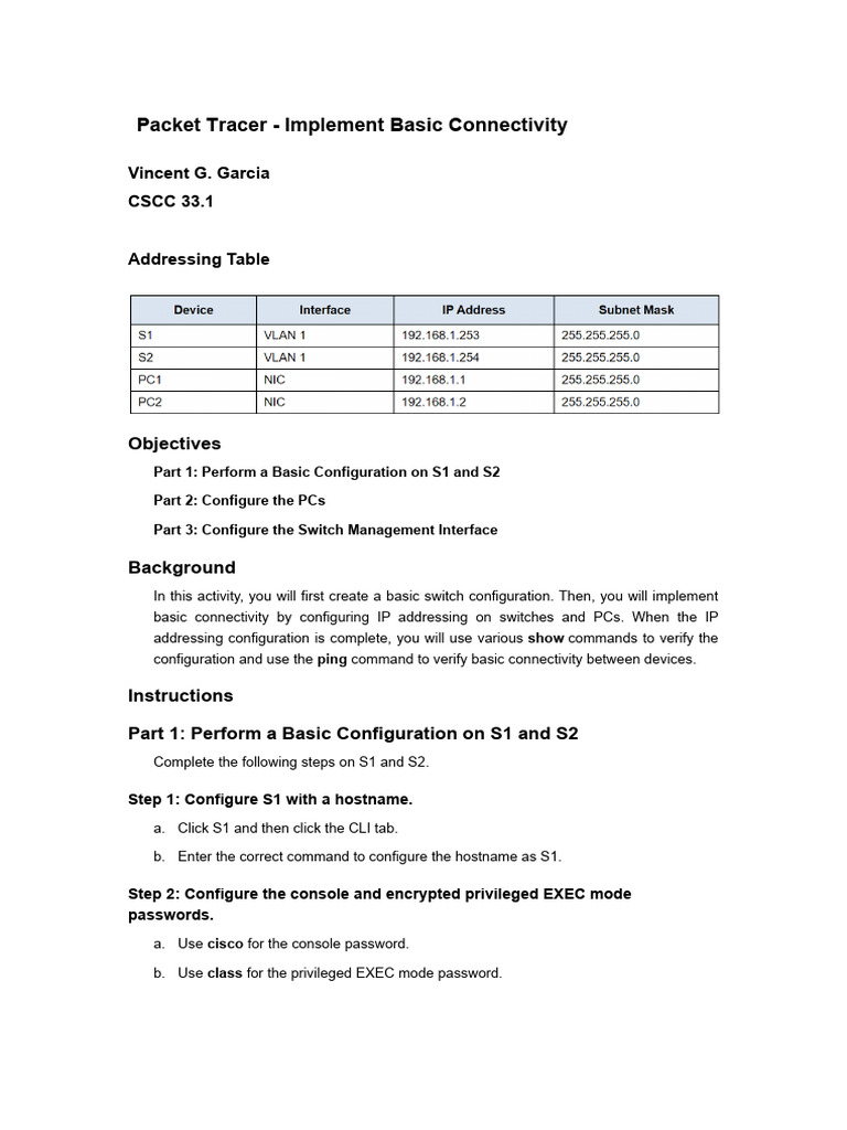 Packet Tracer - Implement Basic Connectivyt | PDF | Ip Address ... Packet Tracer - Implement Basic Connectivyt | PDF | Ip Address ...