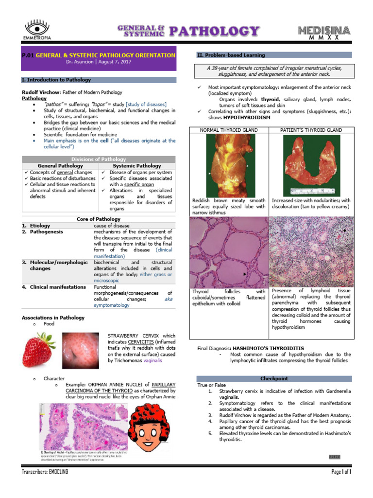 P.01 GENERAL AND SYSTEMIC PATHOLOGY ORIENTATION | PDF | Thyroid | Pathology