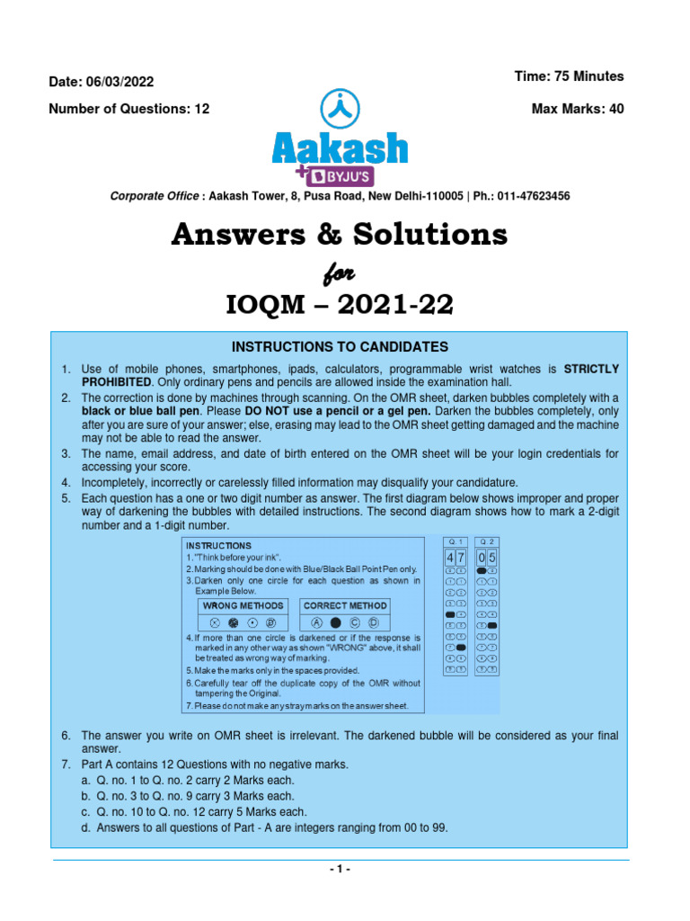 Ioqm 2020 21 Answers And Solutions Part A Pdf Euclidean Geometry
