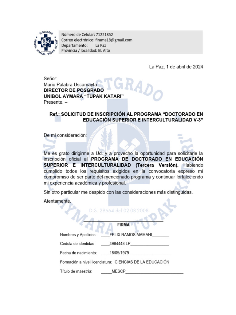 Solicitud de Inscripción Doctorado Educación | PDF