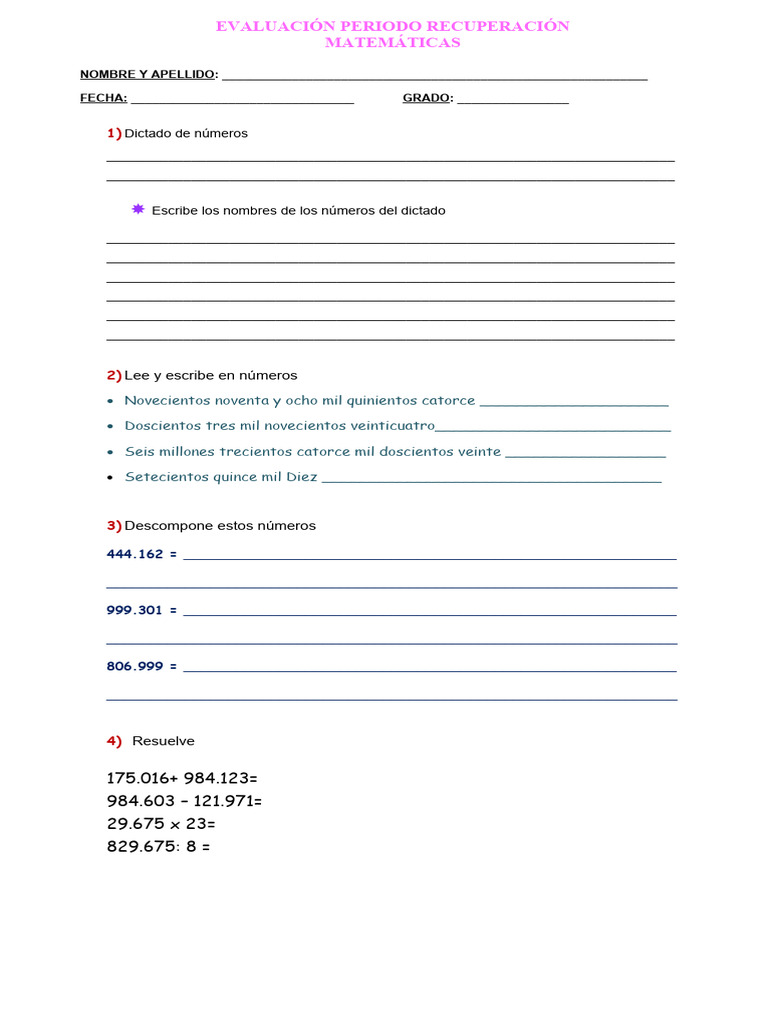Evaluación Diag. Matem. 6° Arenales 2023 | PDF