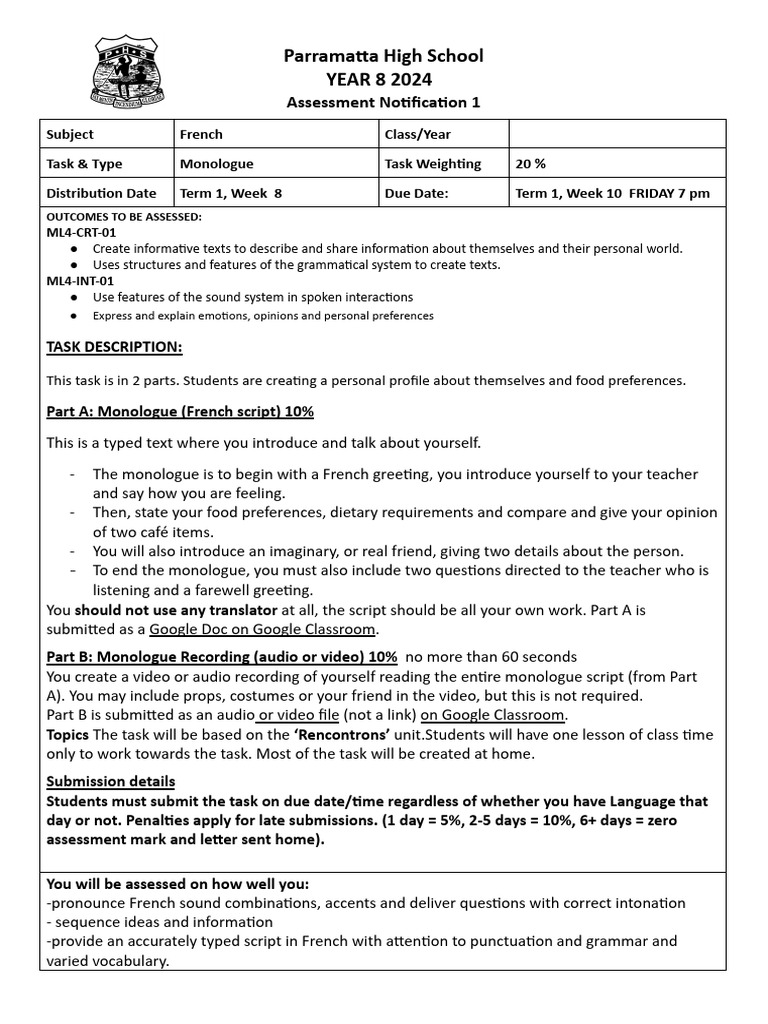 Year 8 French Monologue Assessment | PDF | Cognitive Science | Learning