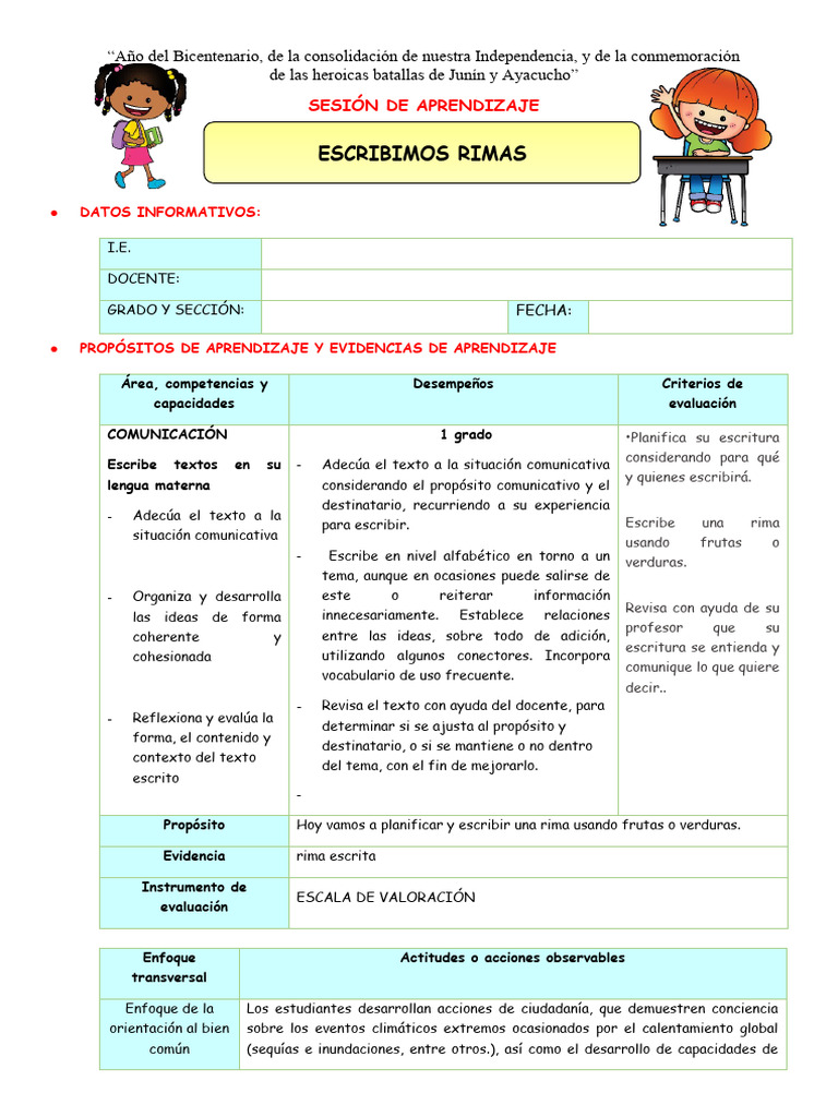 1º U2 S1 Sesion D3 Com Escribimos Rimas Maestras de Primaria Del Peru | PDF | Aprendizaje ...