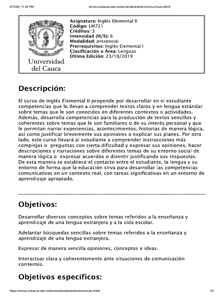 Ingles Elemental 2 Microcurriculo | PDF