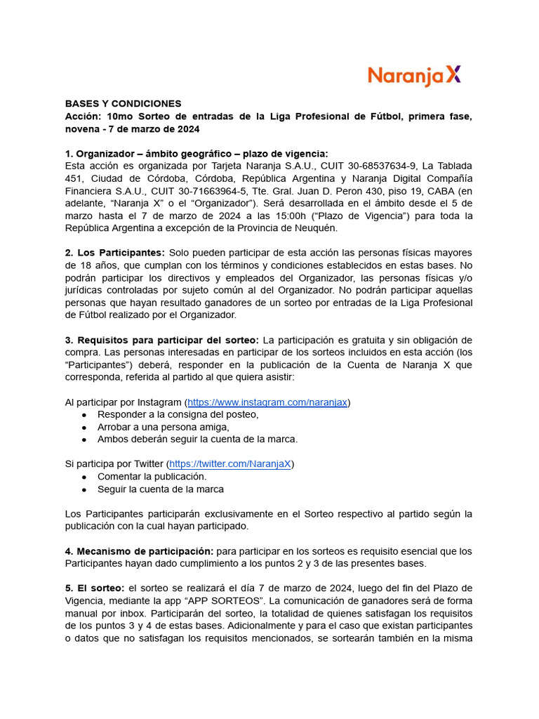 BASES Y CONDICIONES - Sorteo 10 Fecha - Entradas LPF - Docx 1 | PDF ...
