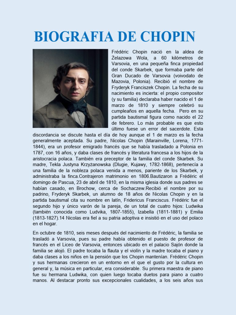 1ero de Secundaria BIOGRAFIA de CHOPIN de Arleth Aliaga Terminado | PDF | Federico Chopin