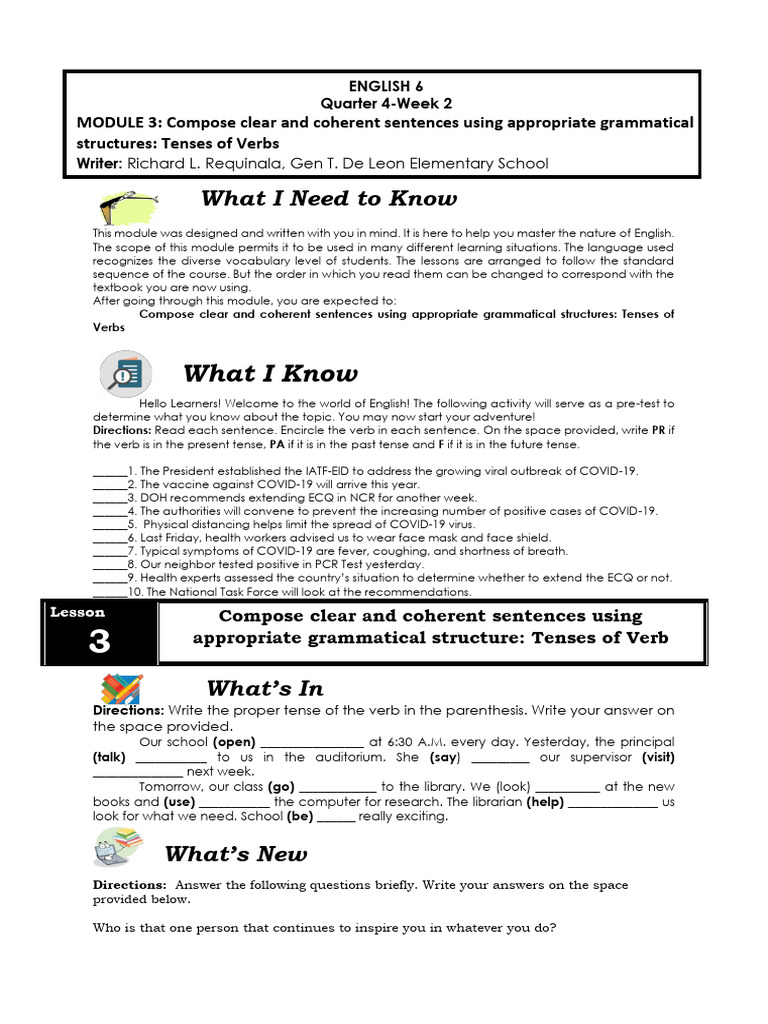 English GR.6 Adm Q4 M9 Module3 | Download Free PDF | Grammatical Tense ...