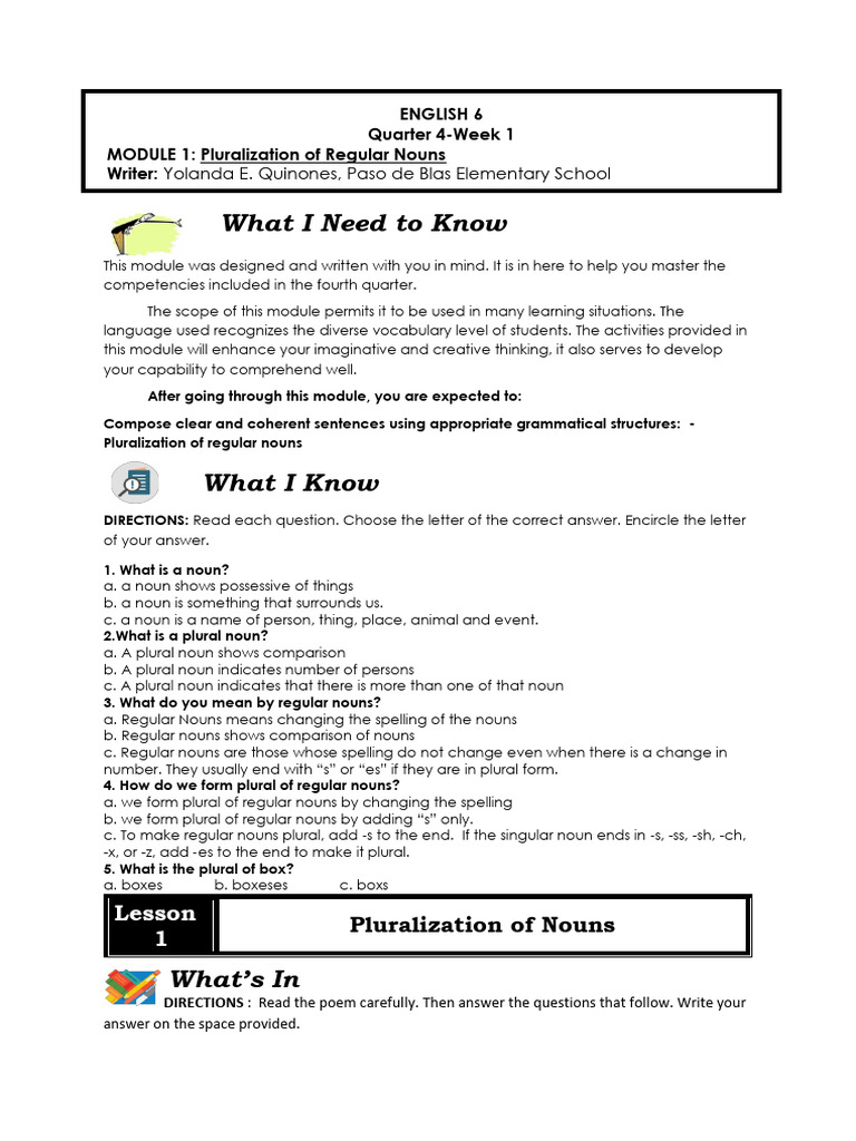 English GR.6 Adm Q4 M9 Module1 | PDF | Plural | Grammatical Number