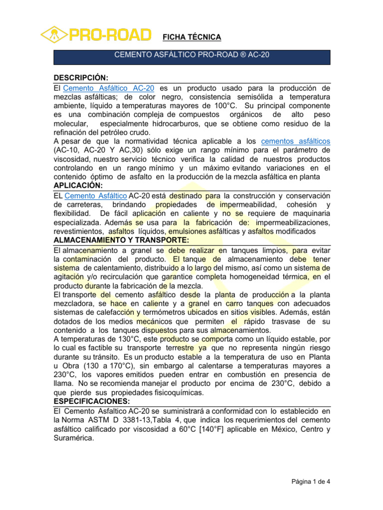 Ficha Técnica Cemento Asfáltico AC 20 Pro Road | PDF | Cemento | Líquidos
