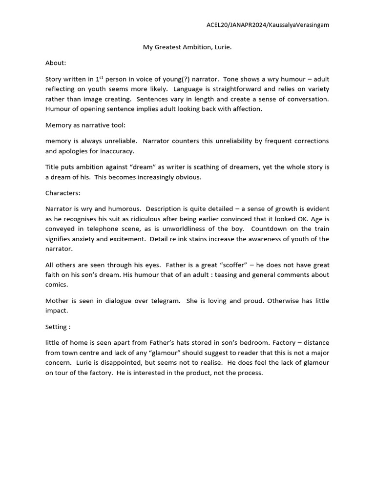 My Greatest Ambition Notes | PDF | Humour | Narration