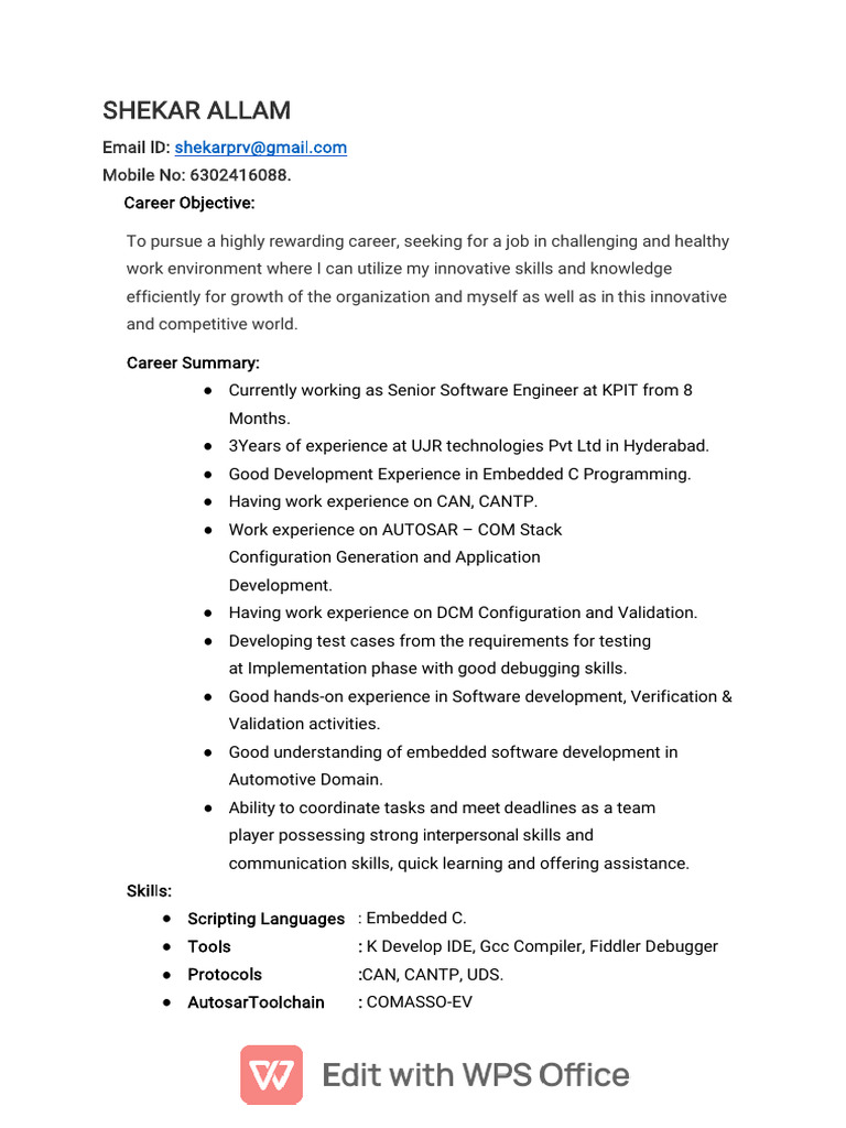 SHEKARALLAM - Autosar - 3.8 Yrs | PDF | Software | Computer Programming