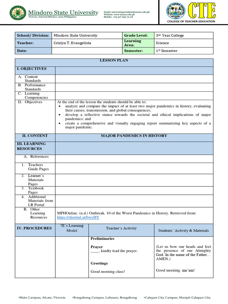 Lesson Plan - Major Pandemic in History | PDF | Influenza | Hiv/Aids