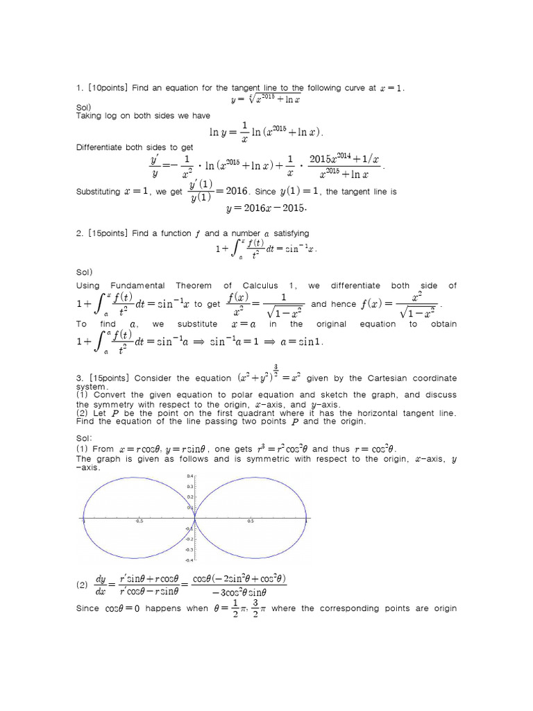 미분적분학1-Midterm 기출문제 (1500) (답안) | PDF | Tangent | Mathematical Objects