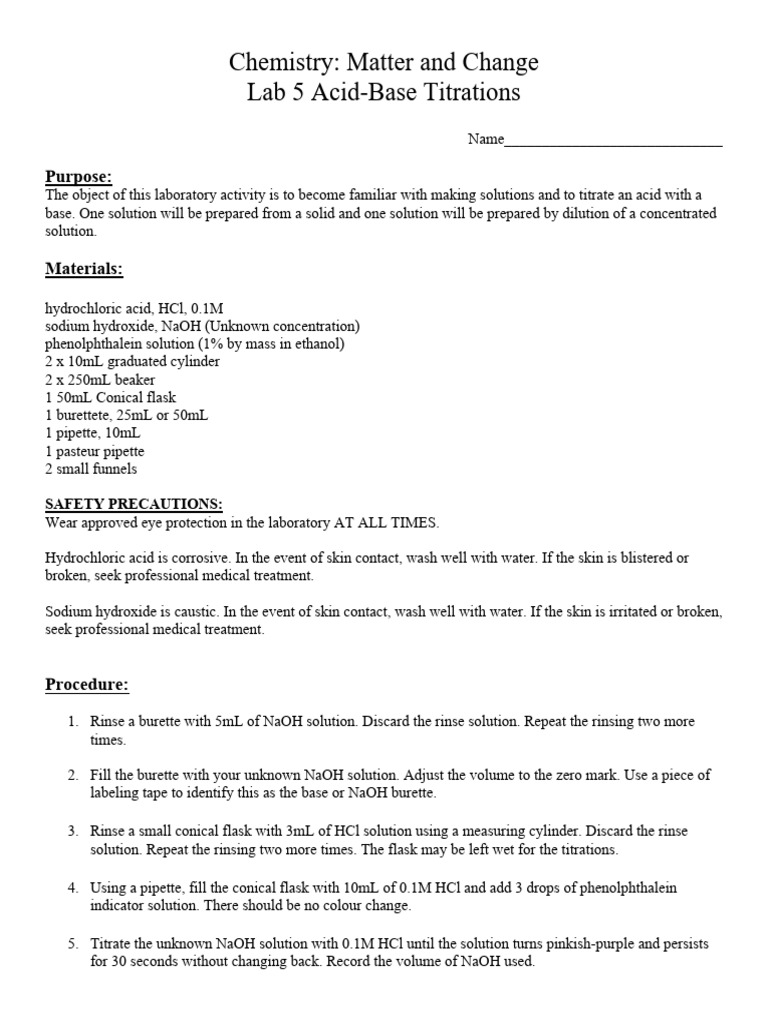 Chemistry Matter and Change Lab 5 Acid-Base Titrations | PDF | Sodium ...
