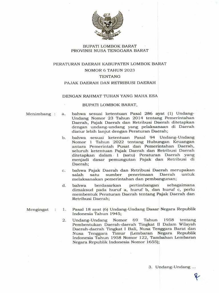 Perda Kabupaten Lombok Barat No. 6 Tentang PDRD Pajak Dan Retribusi Daerah Tahun 2023 | PDF