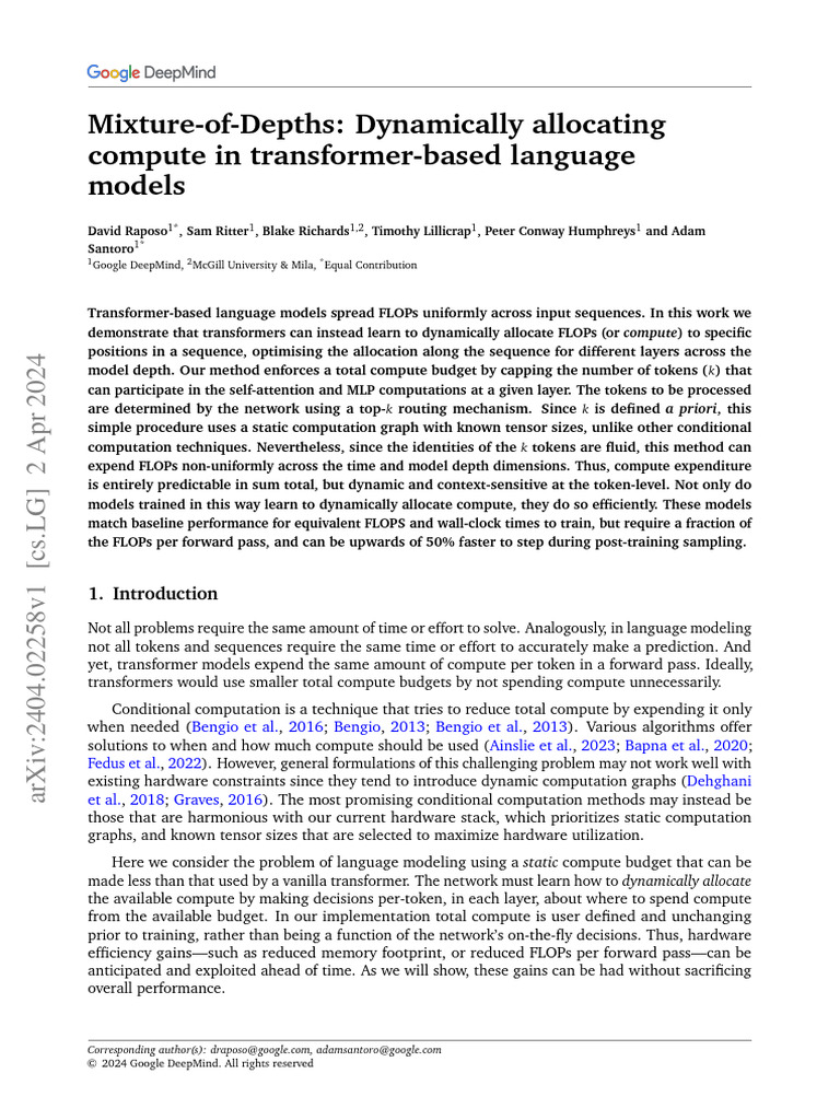 Raposo Et Al. - 2024 - Mixture-of-Depths Dynamically Allocating Compute ...