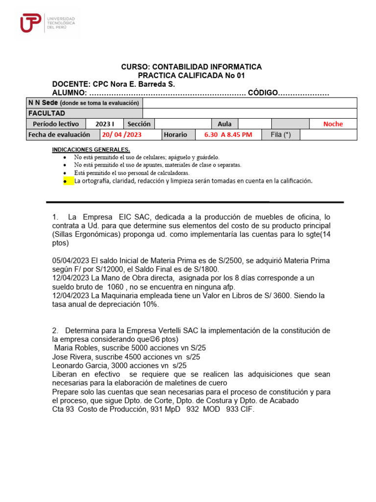 Practica Calificada 01 Contabilidad Informatica | PDF