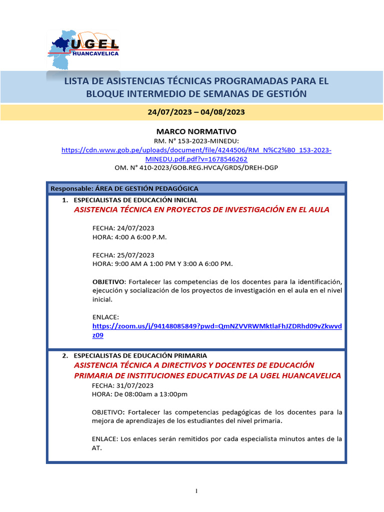 Actividades Programadas Por La Ugel Huancavelica para Semana de Gestión Intermedia | PDF ...