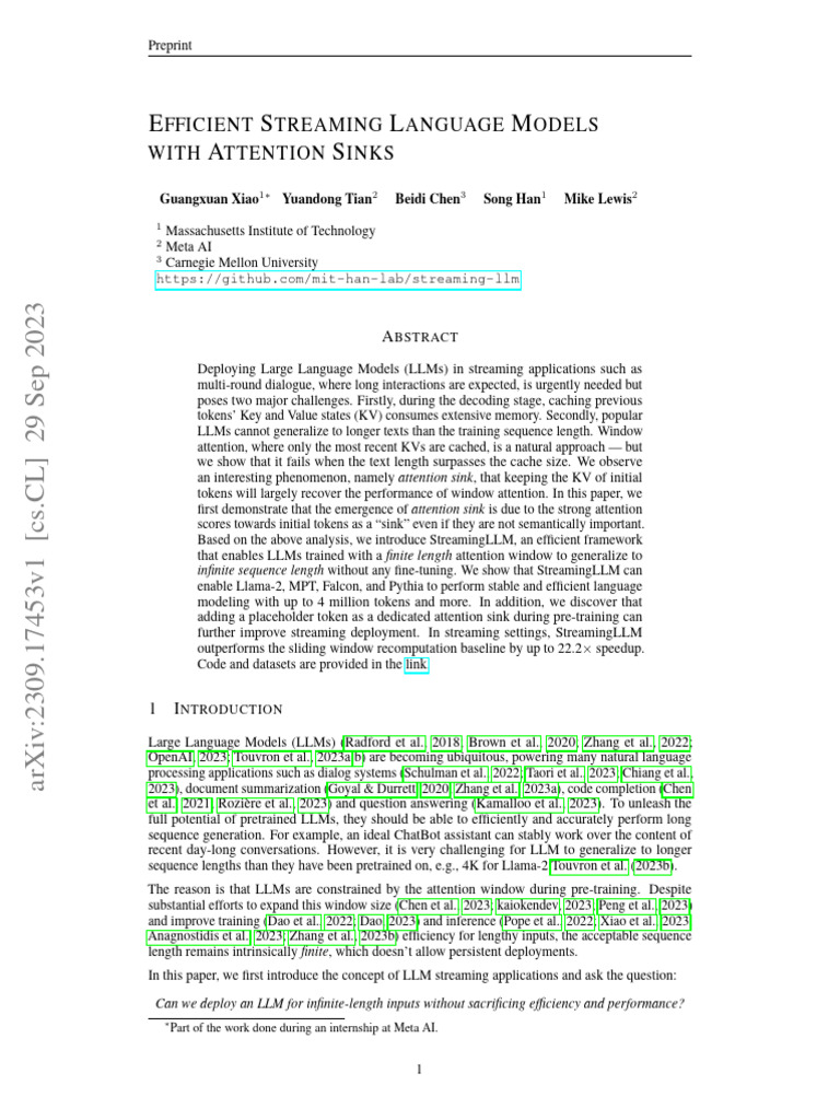 Xiao Et Al. - 2023 - Efficient Streaming Language Models With Attention | PDF