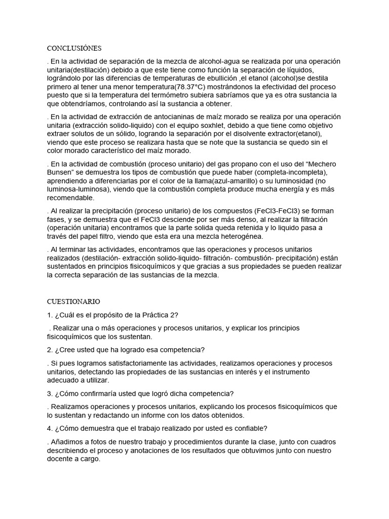 Conclusiónes-Cuestionario Practica 2 | PDF | Agua | Mezcla
