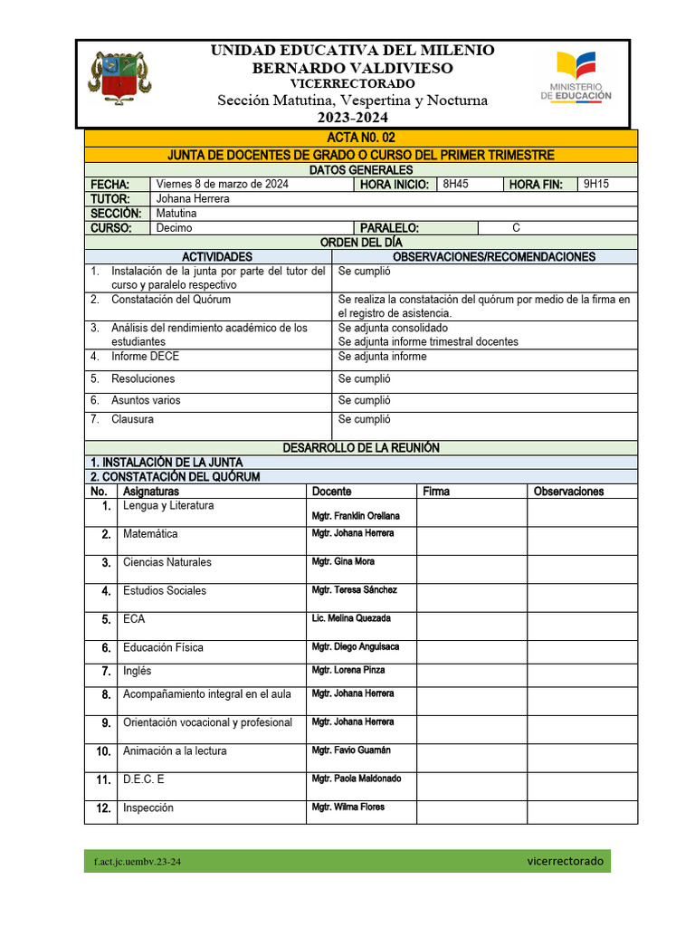 Formato Acta Junta de Curso (Básica Superior) | PDF