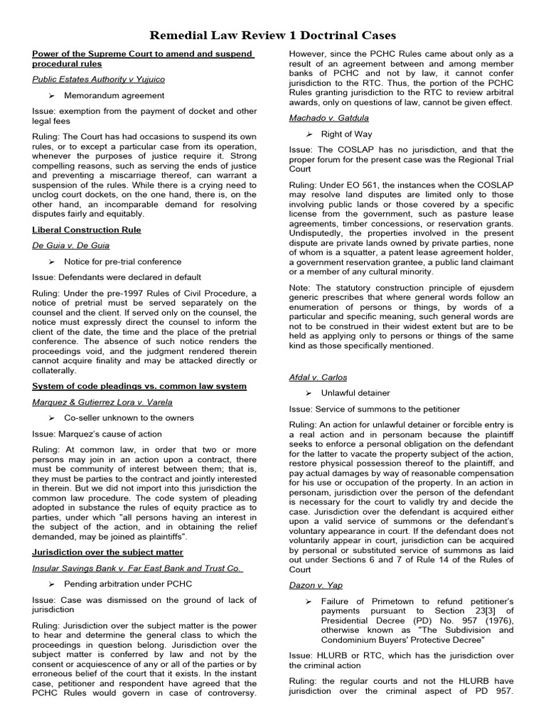 Remedial Law Review 1 Doctrinal Cases | PDF | Complaint | Lawsuit