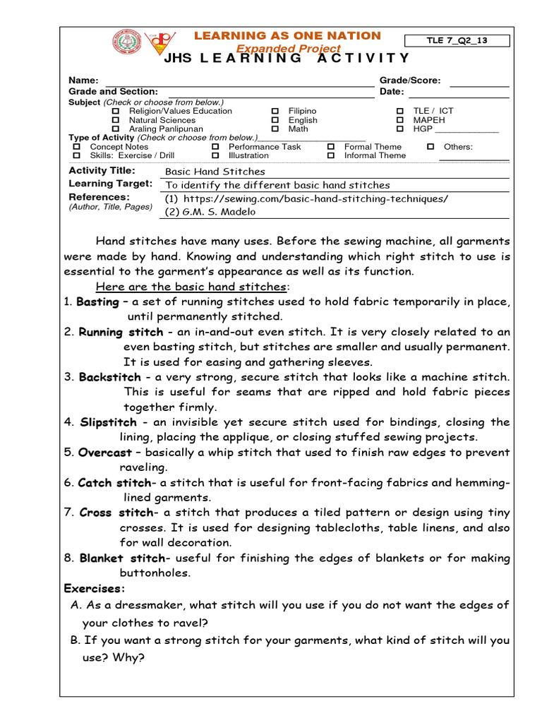 TLE 7 Q2 LAS 13 Basic Hand Stitches | PDF | Textile Arts | Needlework
