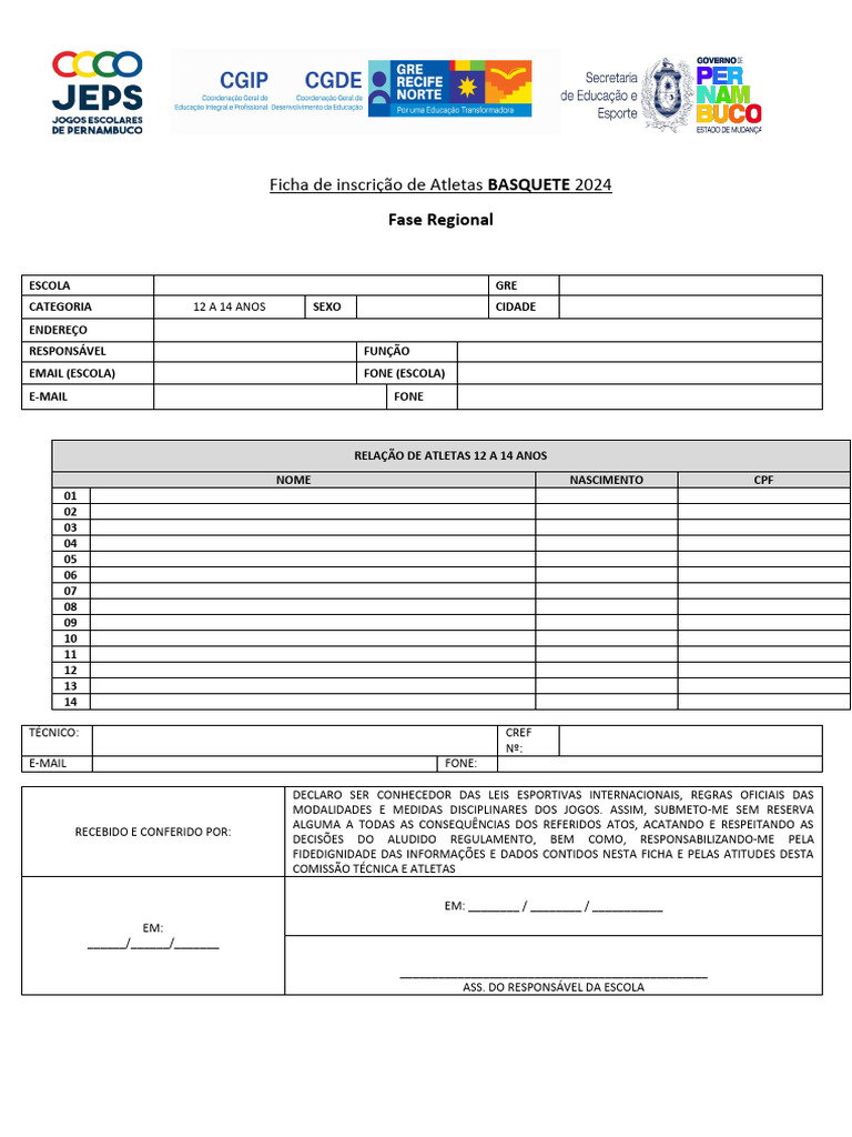 Ficha de Inscrição Regional - Basquete Jeps 2024 (1) - 1 | PDF