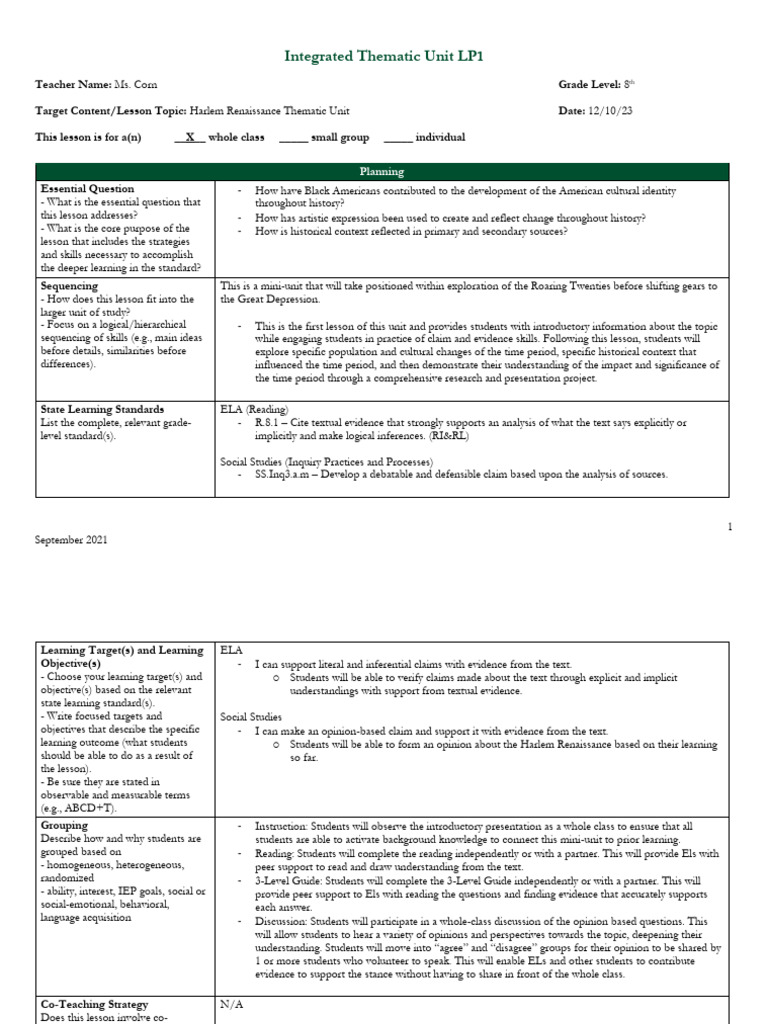 Harlem Renaissance Lesson Plan for 8th Grade | PDF | Educational ...