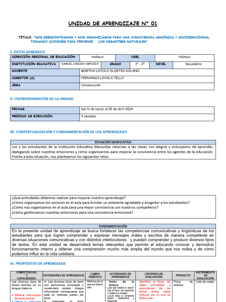 Unidad de Aprendizaje 1 - 2024 | PDF | Aprendizaje | Comunicación