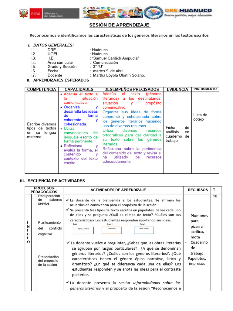 Sesion de Aprendizaje - Generos Literarios - 2024 | Descargar gratis PDF | Comunicación humana ...