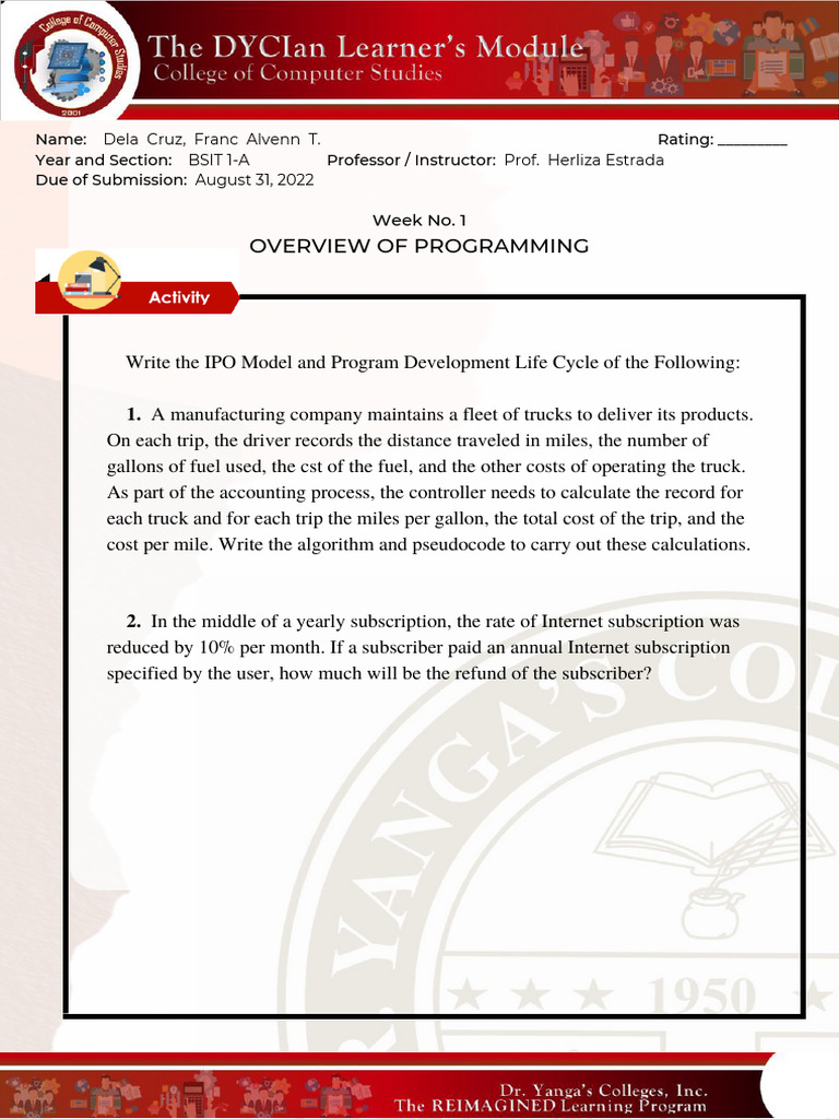 ITP Activity No.1 | PDF | Computer Programming | Fuel Economy In Automobiles