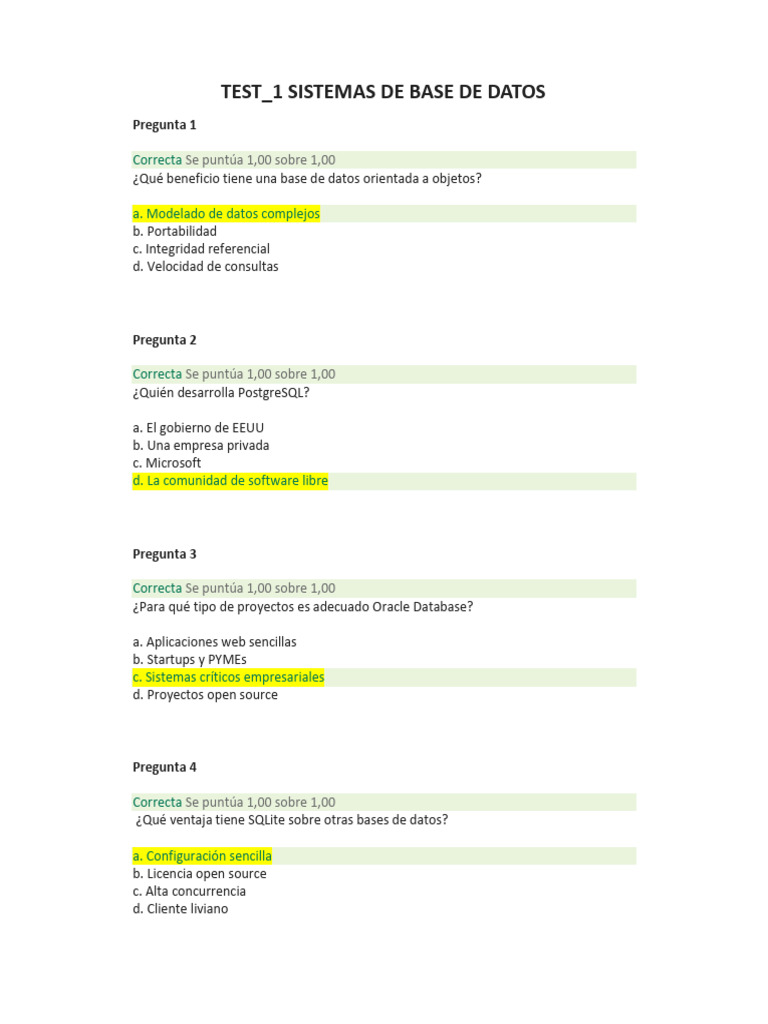 Revision TEST 01 SISTEMA BASE DE DATOS | PDF | Bases de datos ...