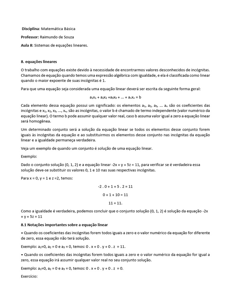 Aula 8 Sistemas de Equações Lineares | Download grátis PDF | Equações ...
