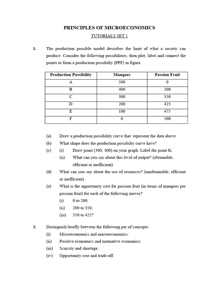 Principles of Microeconomics - Tutorial Set 1 | PDF | Economics ...