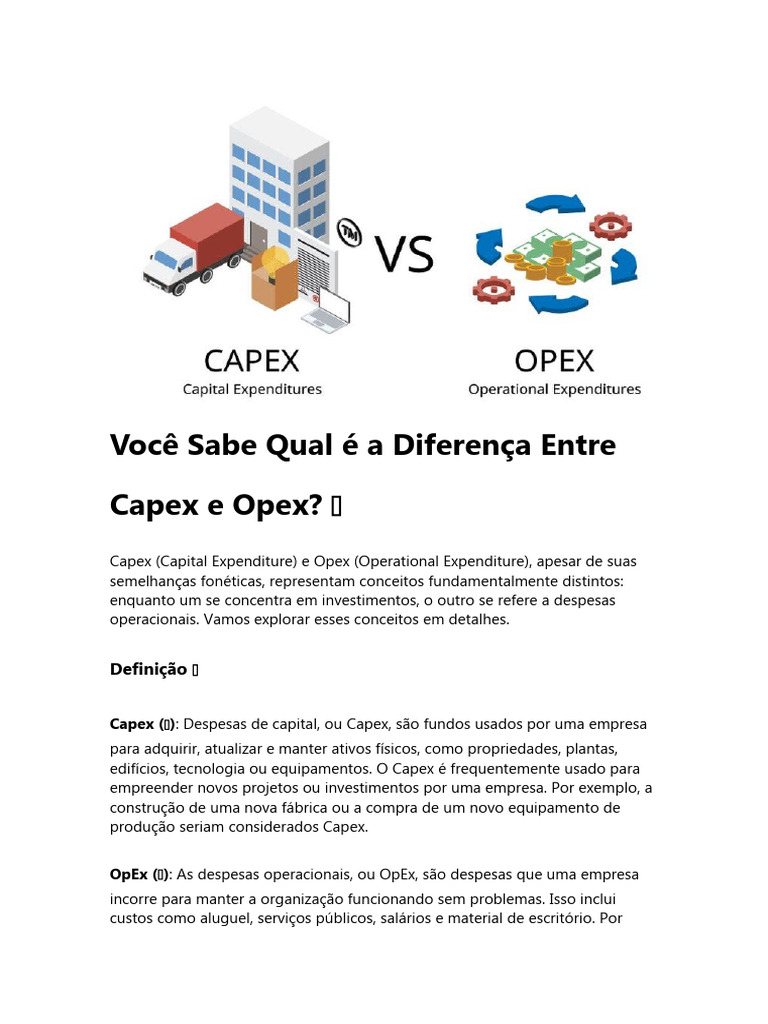 Capex Vs Opex - Explicação | Download grátis PDF | Investimentos | Despesa